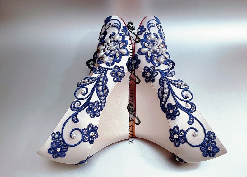 Prussian Royal Blue Wedding Shoes Brides.dee "lotus" Satin Round Closed ...