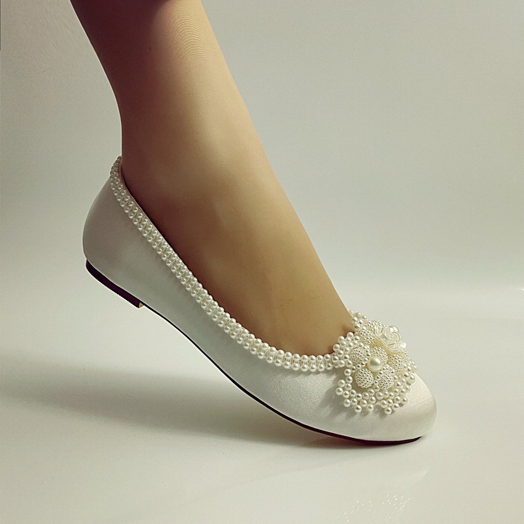 Wedding Shoes for Bride, Bridal Flats, Low Heel Handmade Satin Ivory ...