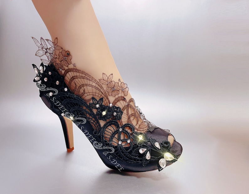 Black Gothic Wedding Shoe for Bride, Bridal Shadow Embellished Lace ...