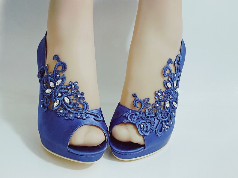 Blue Wedding Shoes for Bride, Bridal Heel, Asymmetric Embellished Royal ...