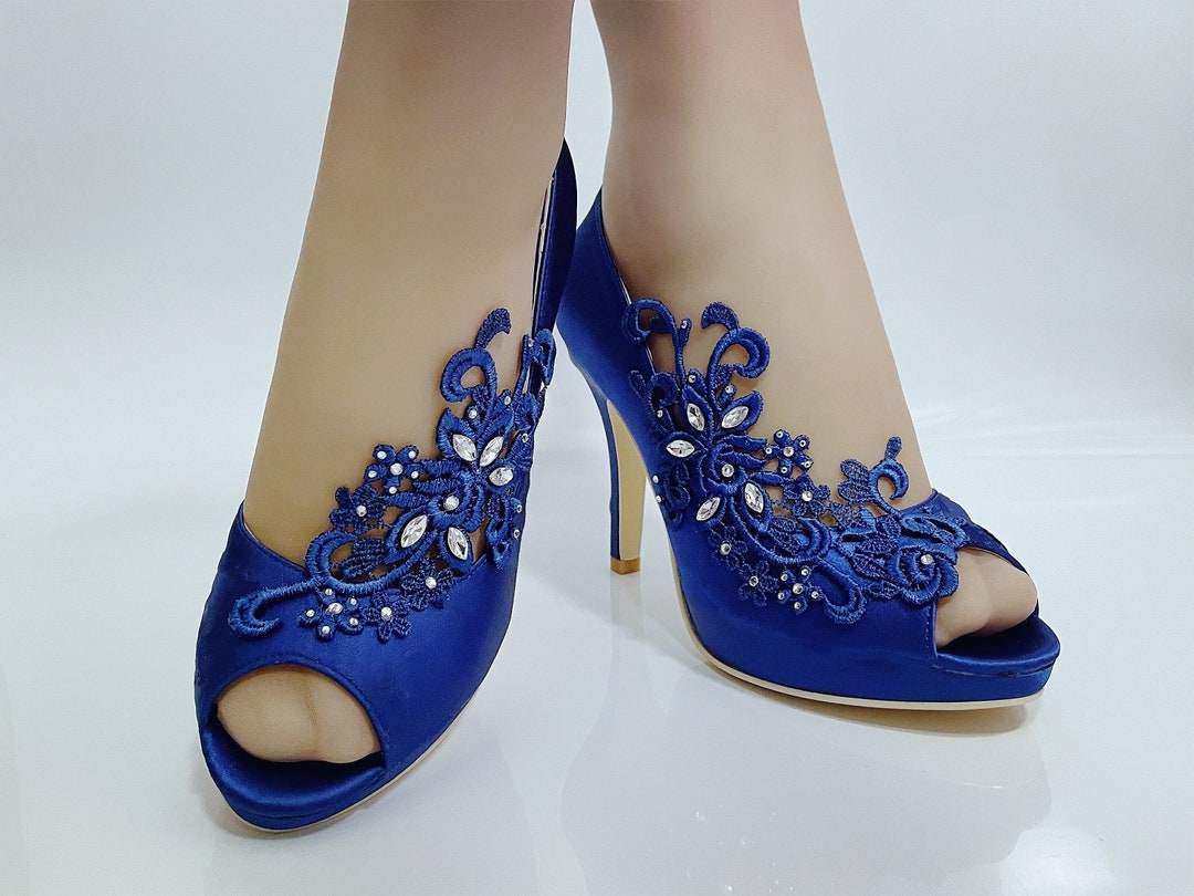Blue Wedding Shoes for Bride, Bridal Heel, Asymmetric Embellished Royal ...