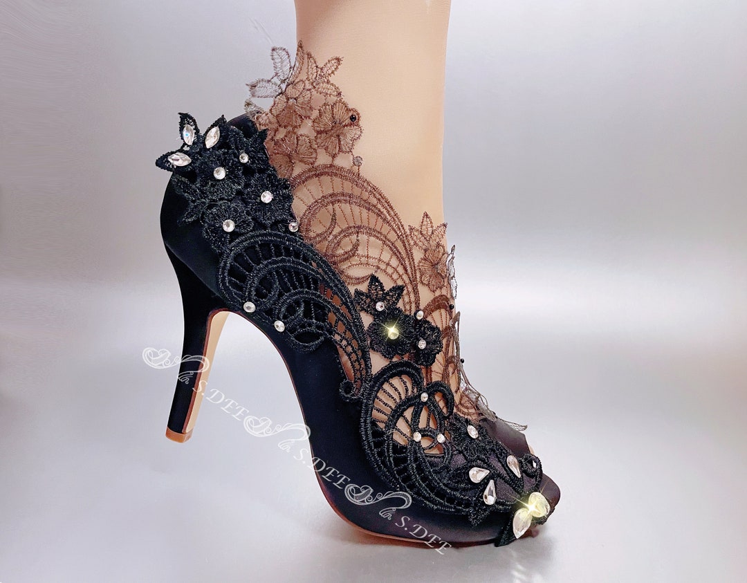 Black Gothic Wedding Shoe for Bride, Bridal Shadow Embellished Lace ...