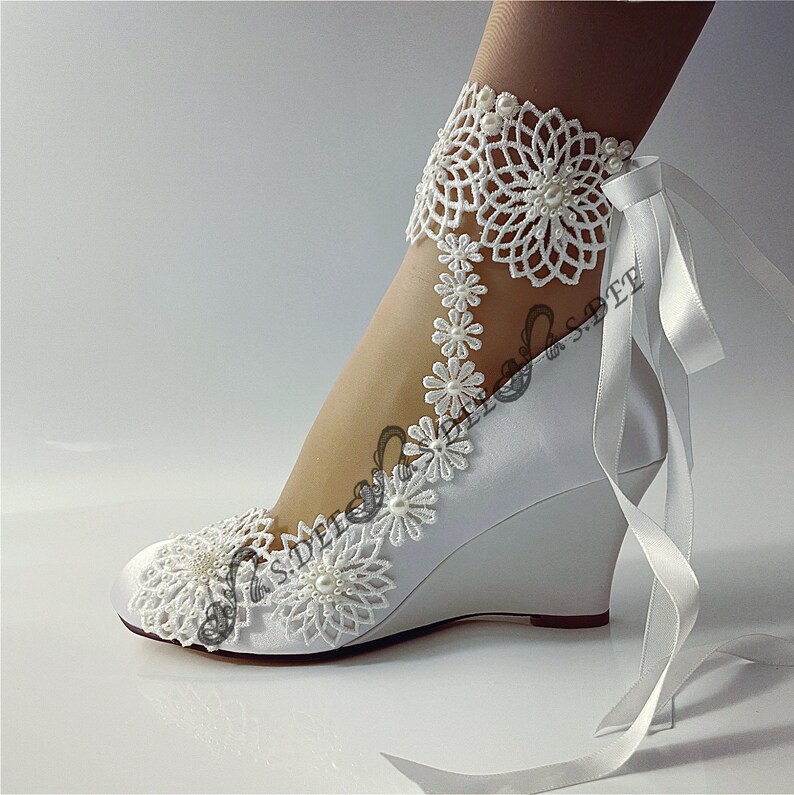 Wedding Shoes for Bride, Ivory Bridal Wedges, Decorated Flower Applique ...