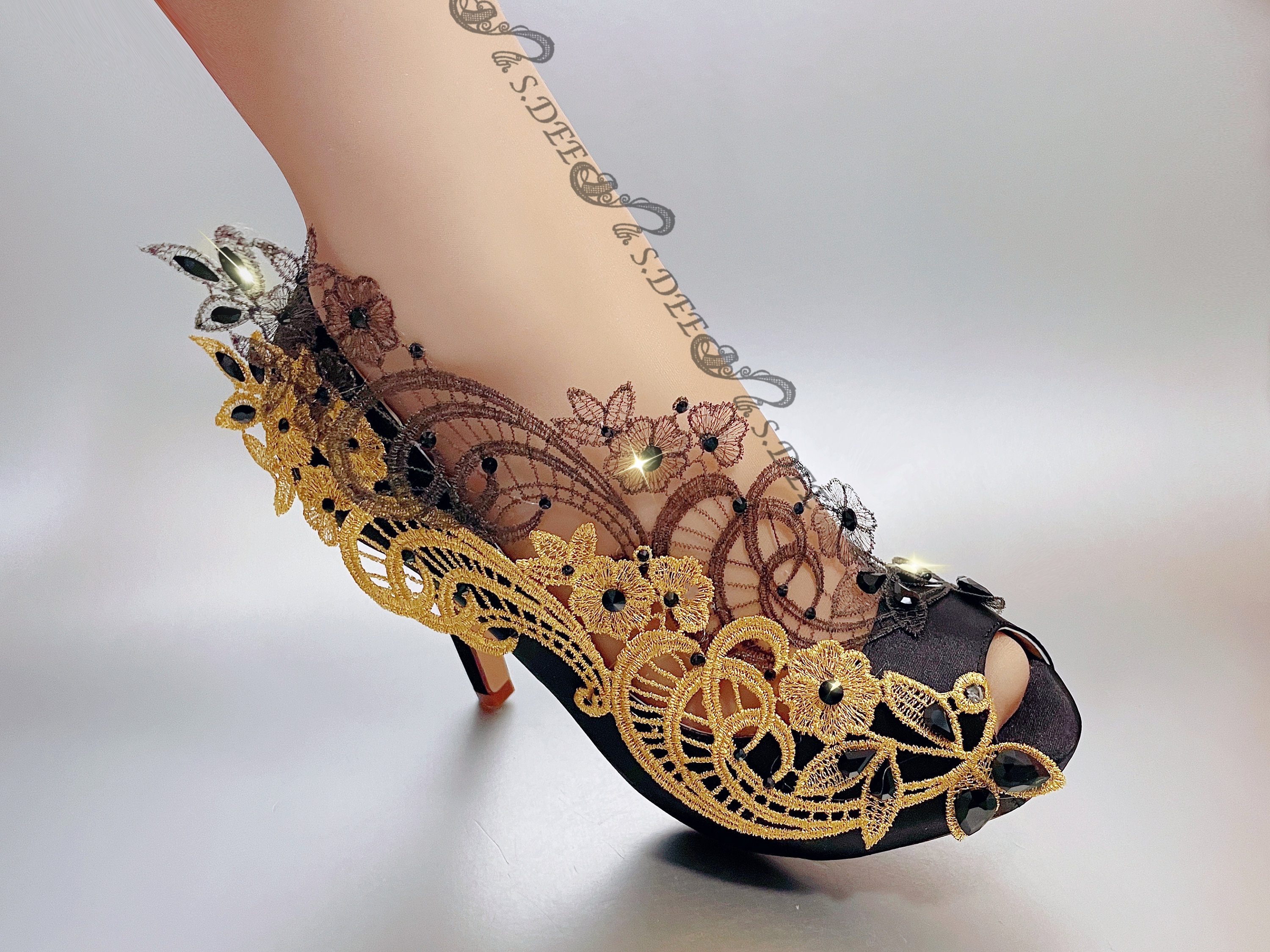 Black Gothic Wedding Shoes Heels Wedge Shadow Gold Embellished Lace ...