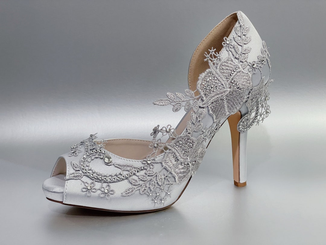 Silver Grey Satin Wedding Shoes for Bride, Bridal Low Heel Open Toe ...