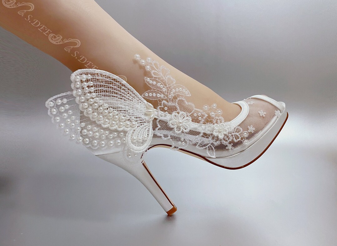 Transparent Mesh Butterfly & Flower Wedding Sandals Shoe for Bride S ...