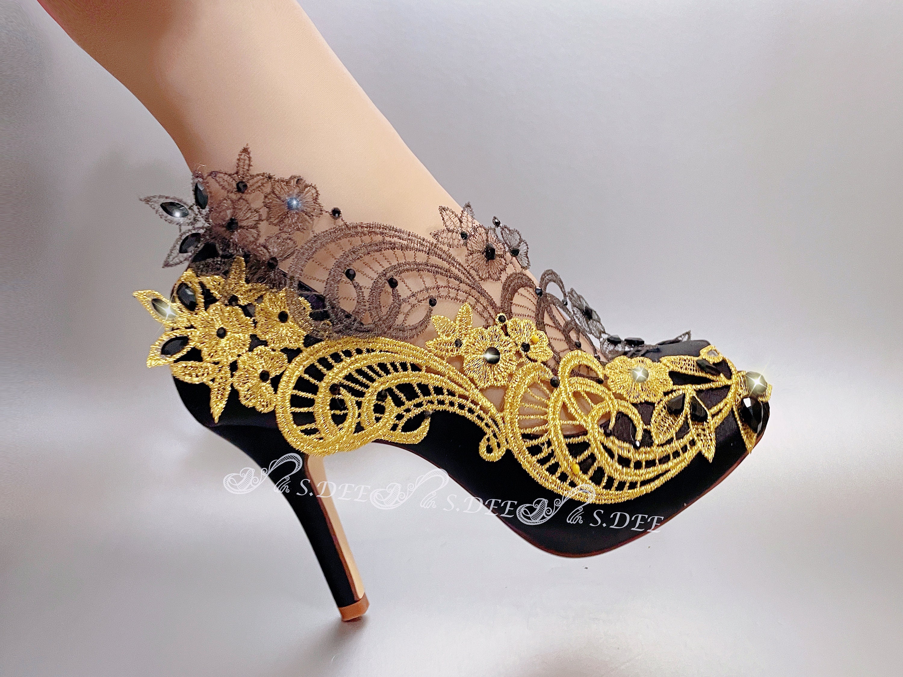 Black Gothic Wedding Shoes Heels Wedge Shadow Gold Embellished Lace ...