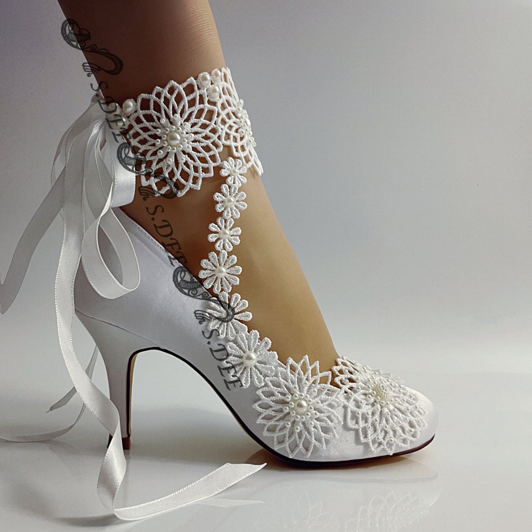 Wedding Shoes Bride S.DEE "floralway Ivory White Satin Anklet Closed ...