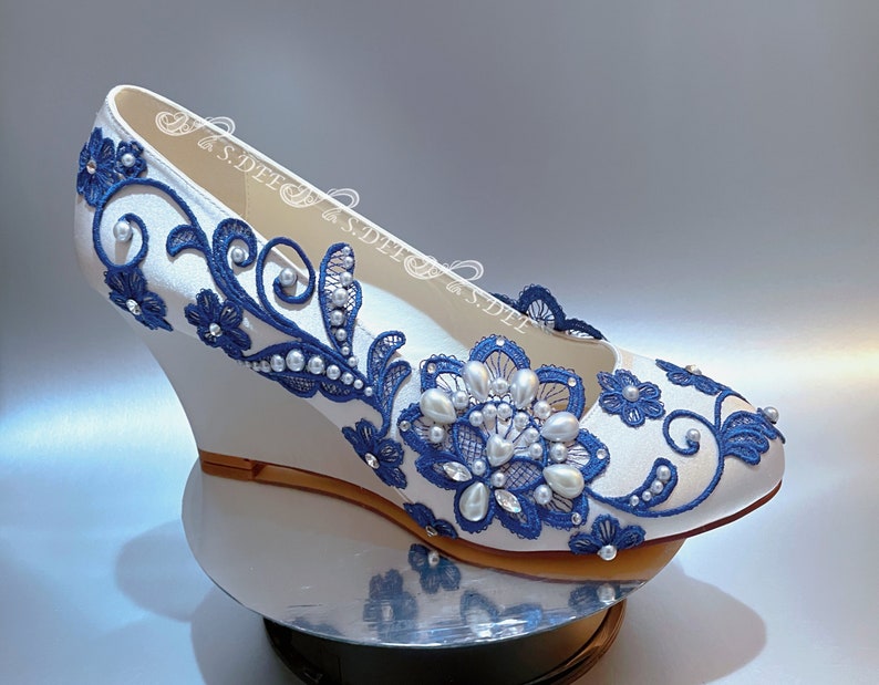 Prussian Royal Blue Wedding Shoes Brides.dee "lotus" Satin Round Closed ...