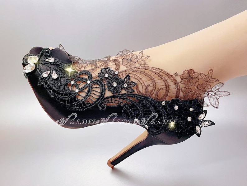 Black Gothic Wedding Shoe for Bride, Bridal Shadow Embellished Lace ...