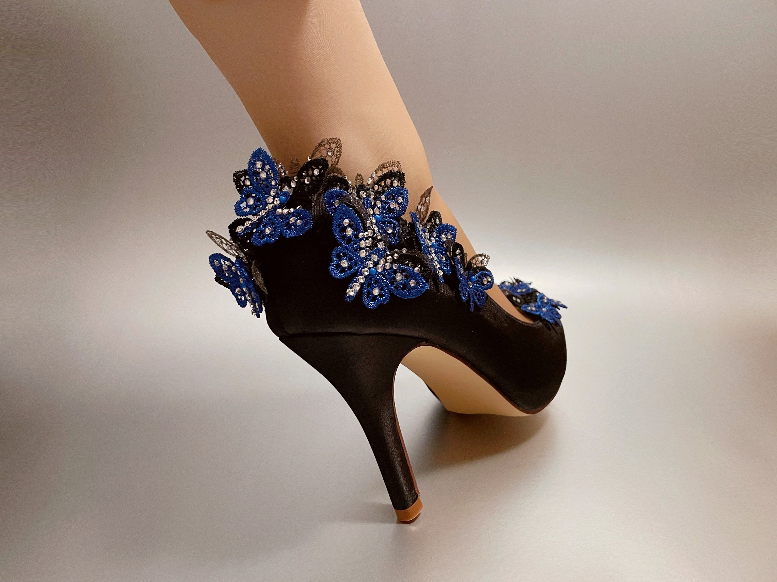 Wedding Shoe Bride Satin Black Metallic Blue Transparent Round Closed ...