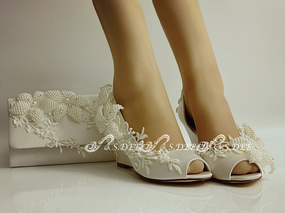 Wedding Shoes and Clutch for Bride Purse Handbag Peep Open Toe Wedges ...