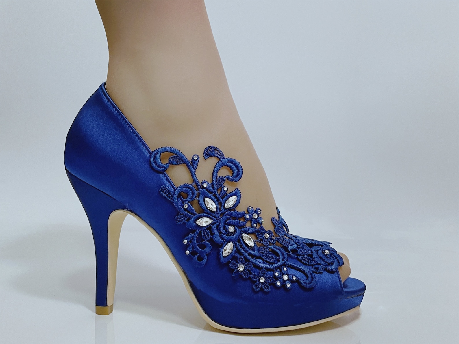 Blue Wedding Shoes for Bride, Bridal Heel, Asymmetric Embellished Royal ...