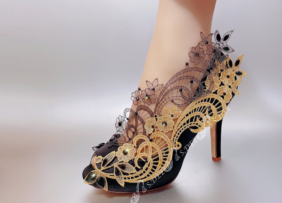 Black Gothic Wedding Shoes Heels Wedge Shadow Gold Embellished Lace ...
