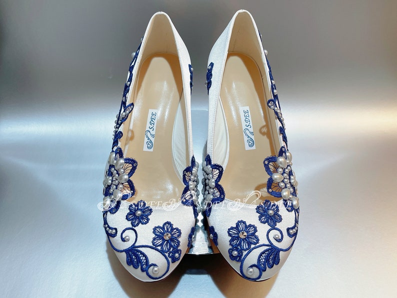 Prussian Royal Blue Wedding Shoes Brides.dee "lotus" Satin Round Closed ...