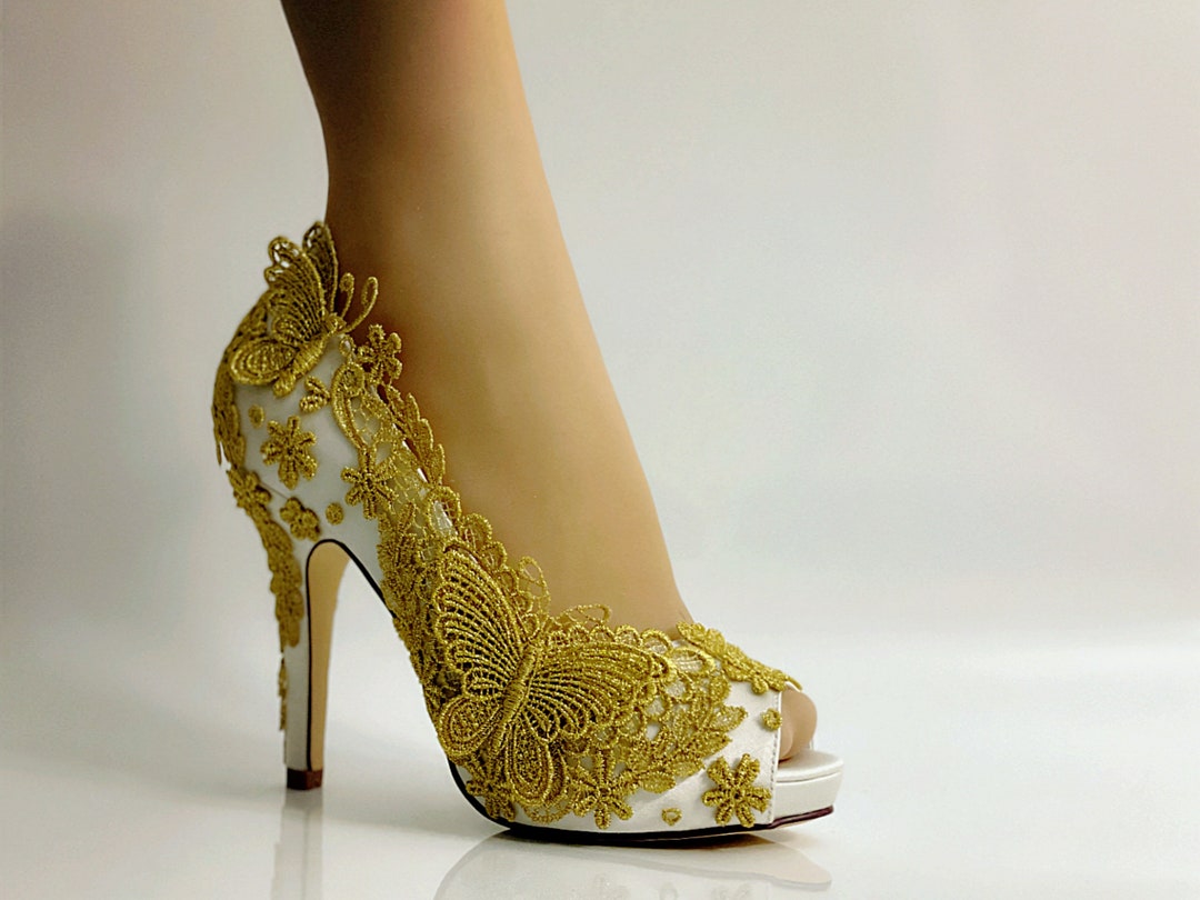 Wedding Shoes for Bride, Bridal Gold Heel, Ivory White Handmade Golden ...