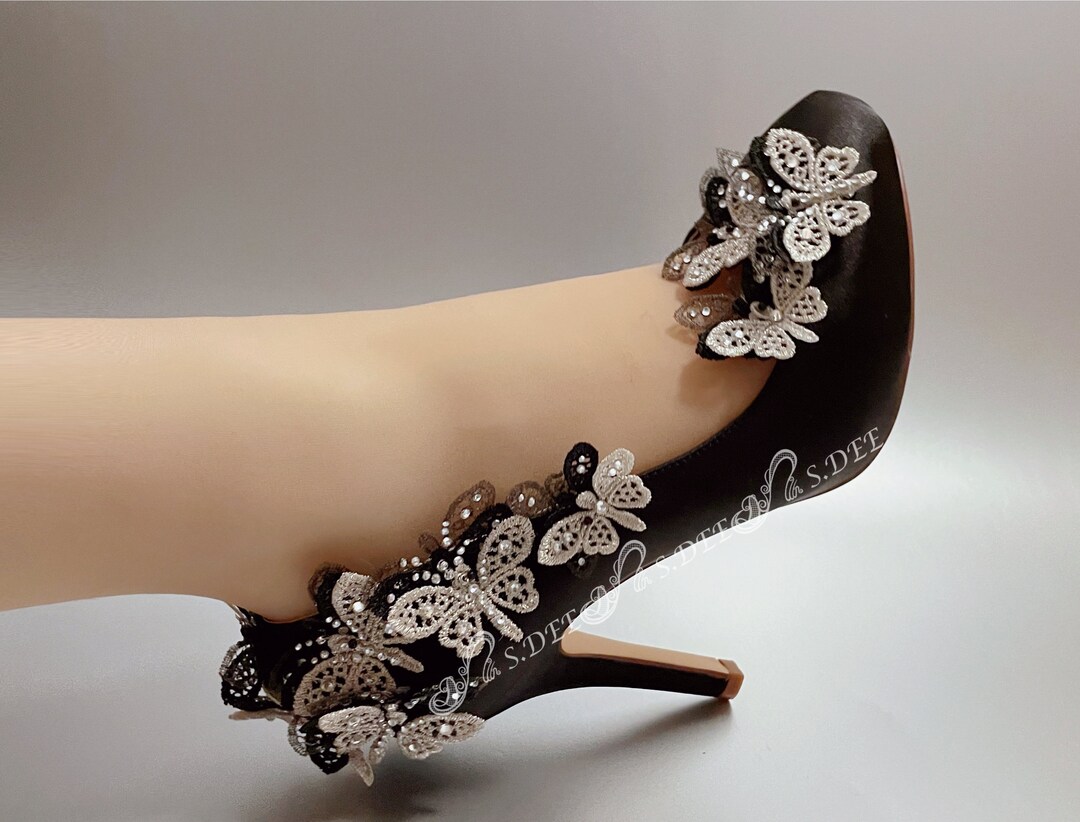 Wedding Shoe Bride Satin Black Metallic Silver Grey Round Closed Toe ...