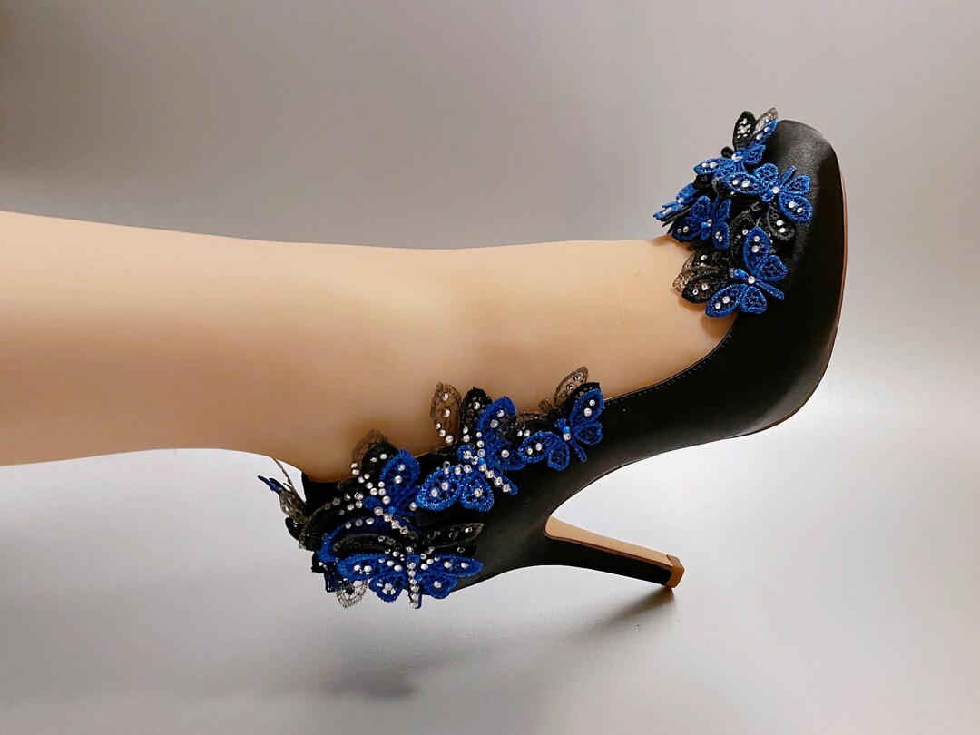 Wedding Shoe Bride Satin Black Metallic Blue Transparent Round Closed ...
