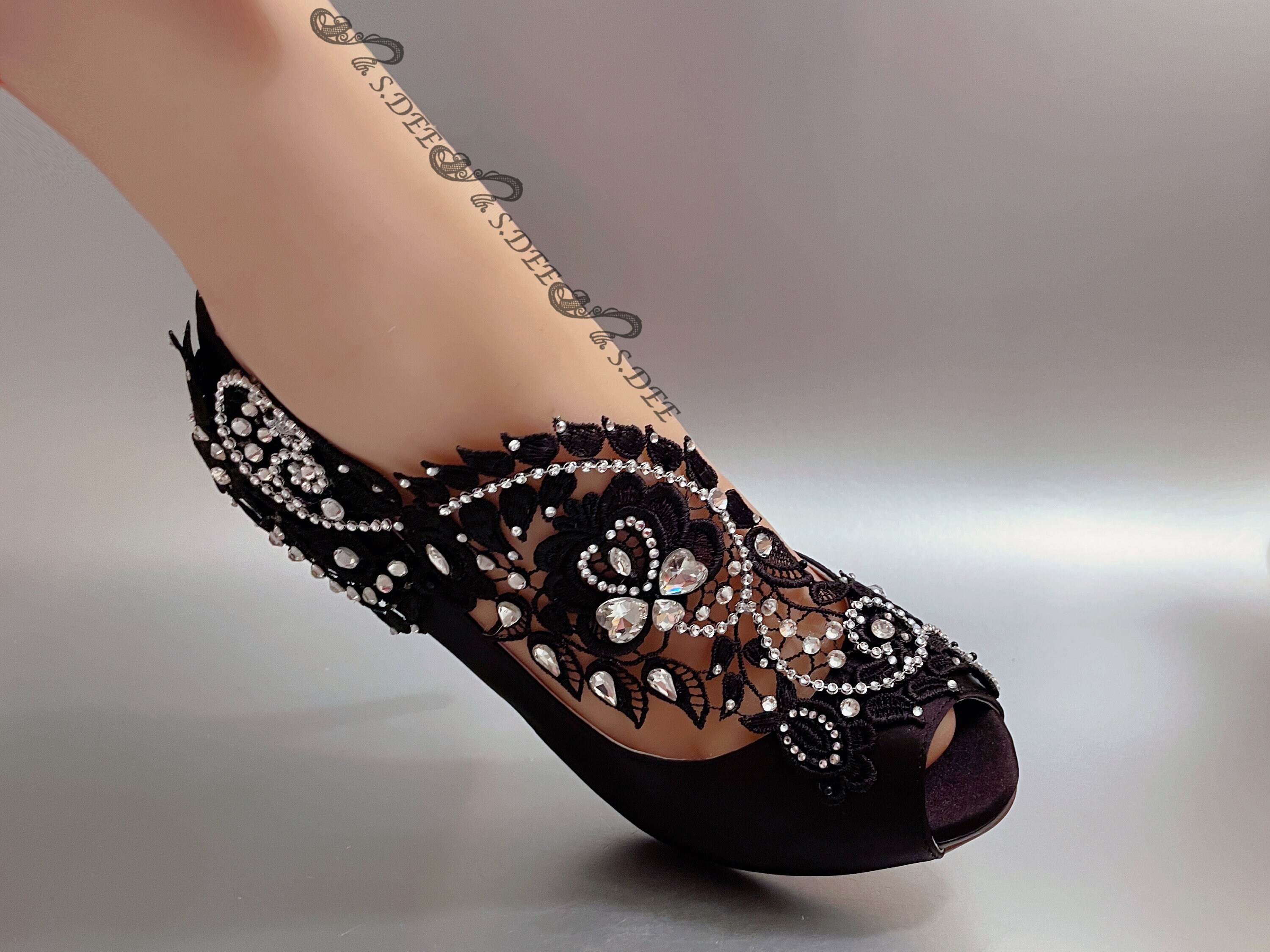 Black Wedding Shoes for Bride S.DEE Black Satin Peep Open Toe Heel ...