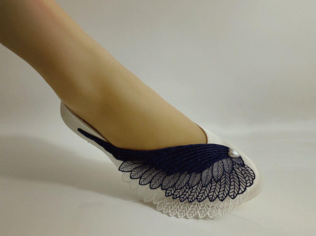 Blue Wedding Shoes for Bride, Bridal Flats,prussian Blue Feather Ivory ...