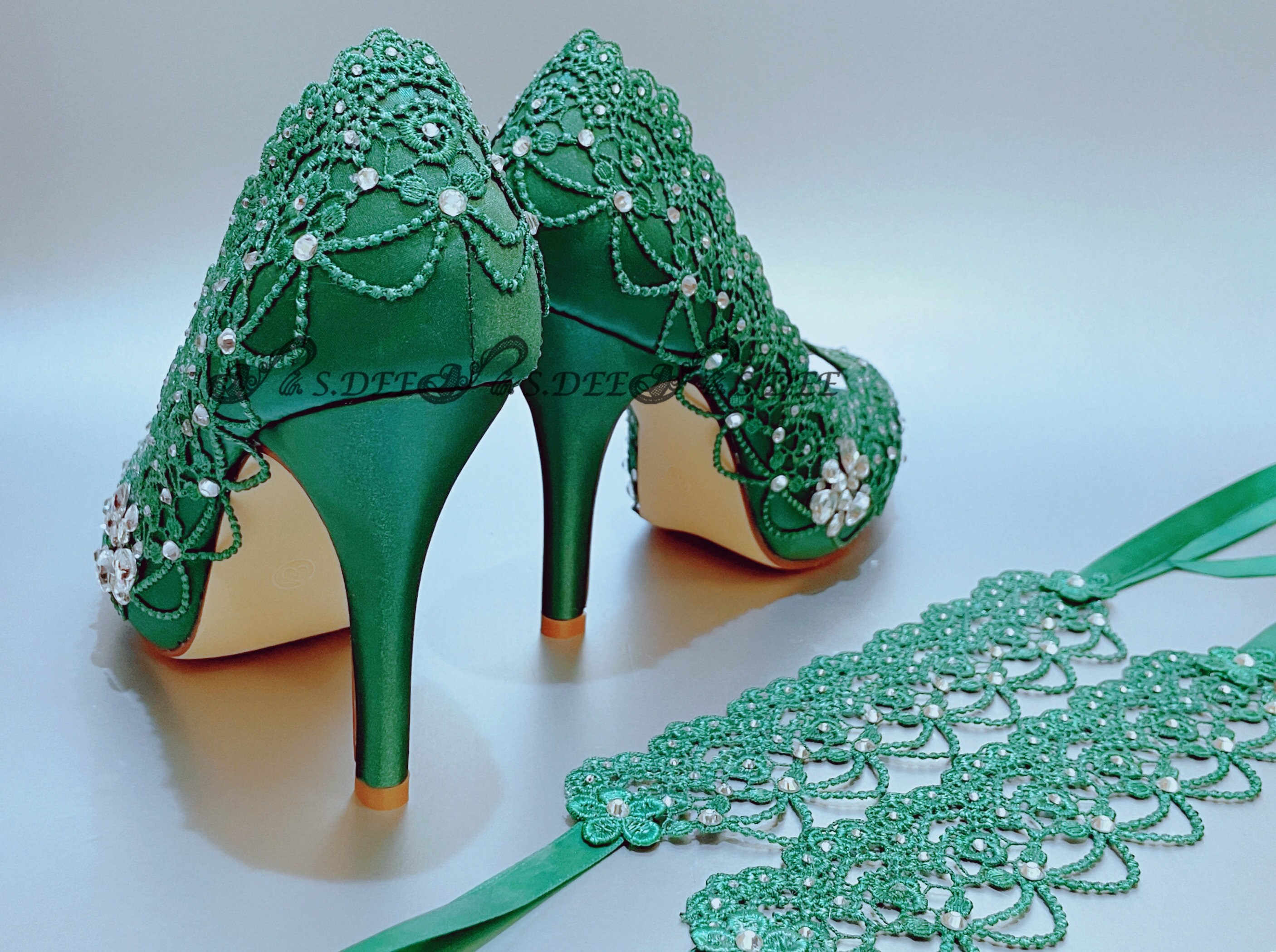 Emerald Green Wedding Shoe for Bride,bridal Heel, Rose Lace Embellished ...