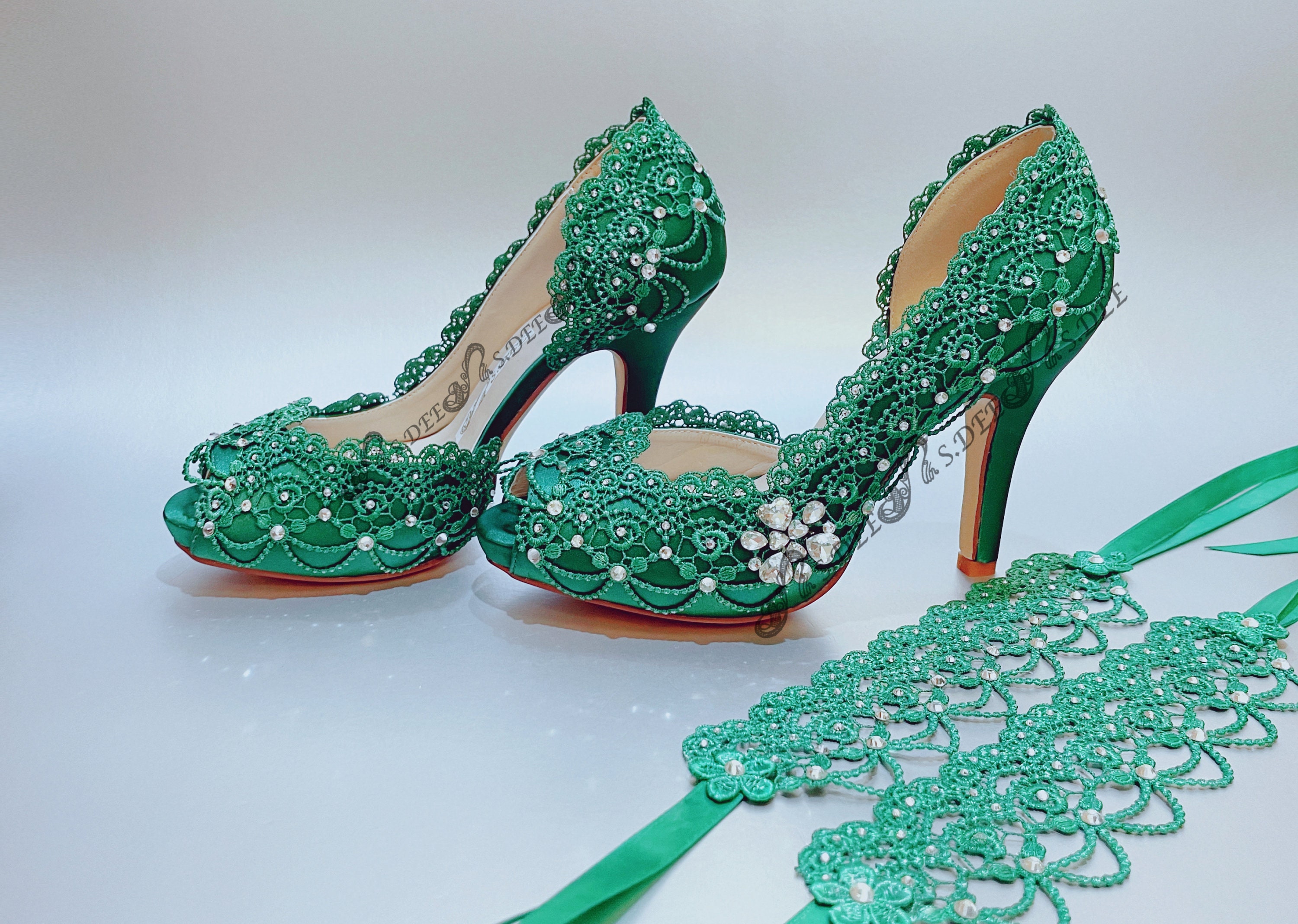 Emerald Green Wedding Shoe for Bride,bridal Heel, Rose Lace Embellished ...