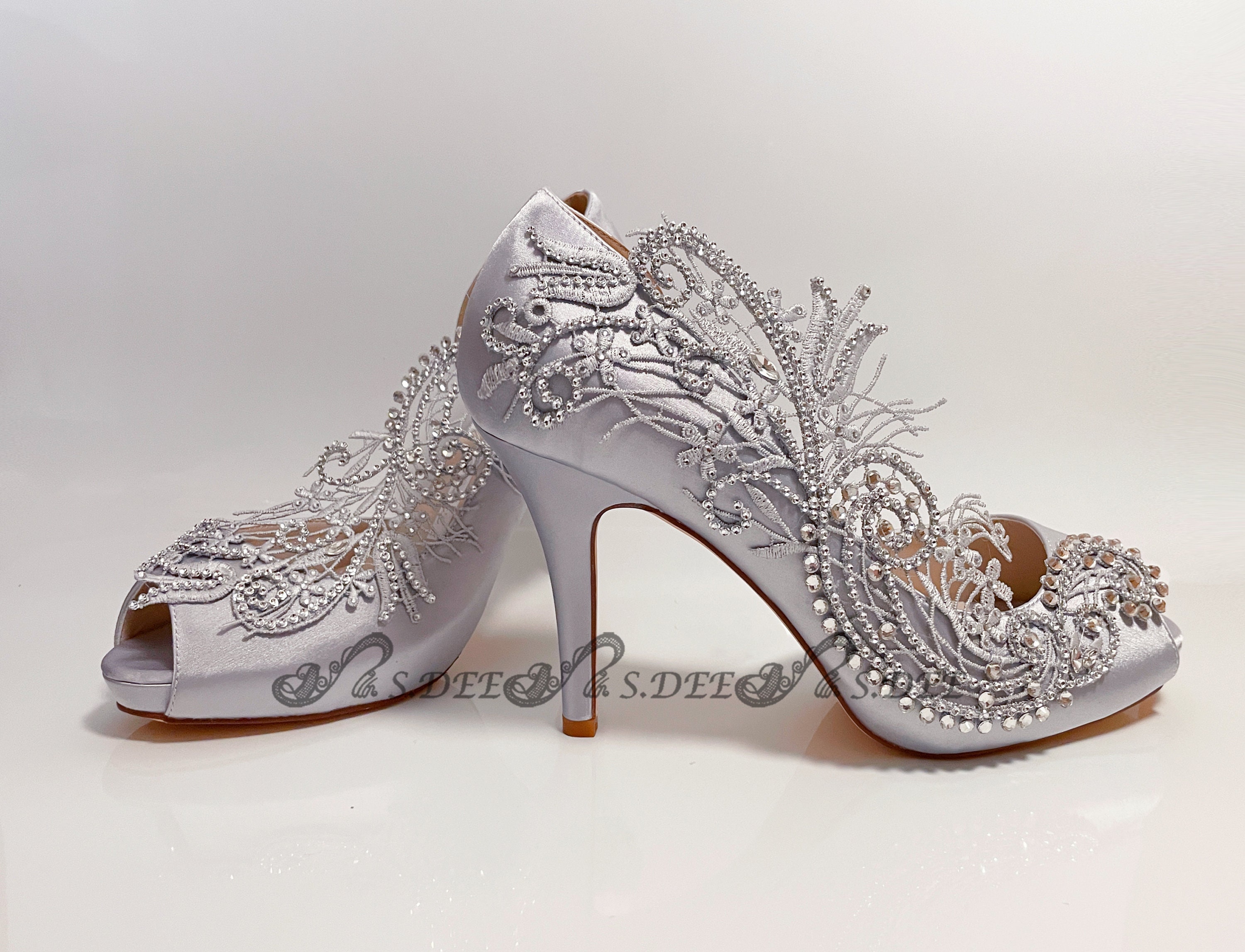 Silver Grey Satin Wedding Shoes for Bride, Bridal Heel Asymmetrical ...