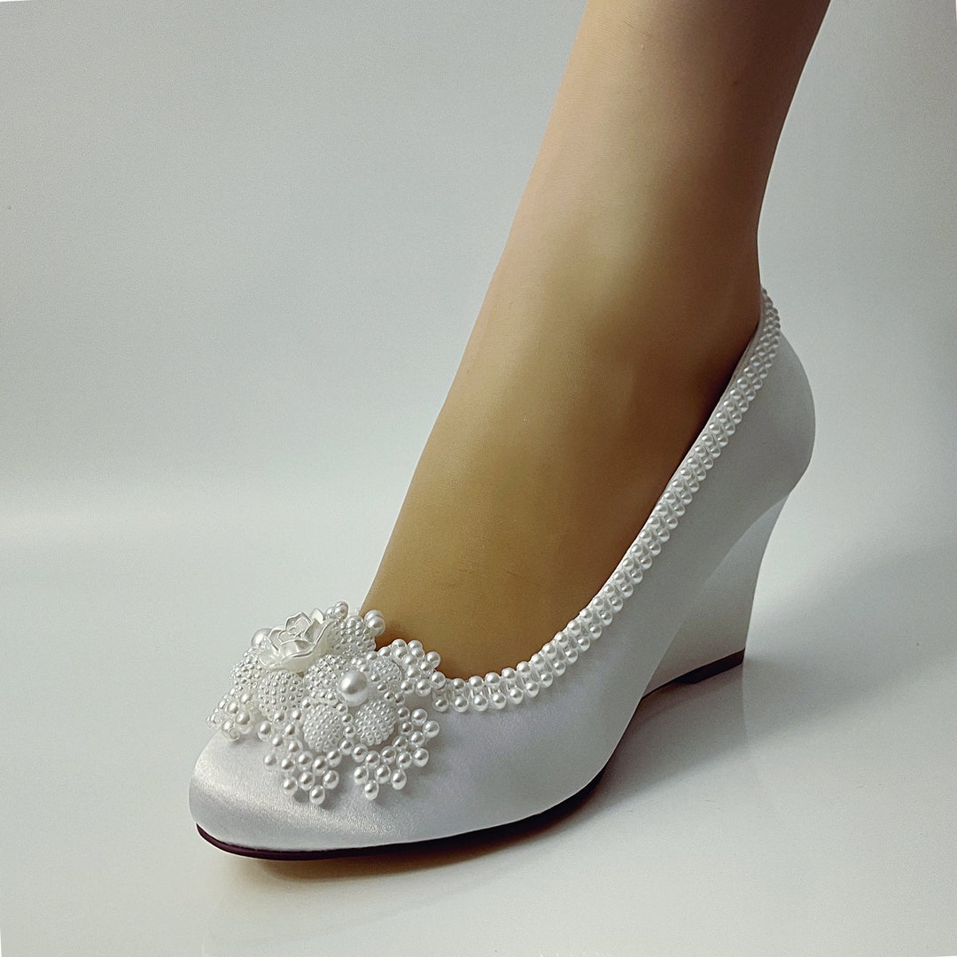 Wedding Shoes for Bride, Bridal Wedges, Beading Flower Classic Satin ...