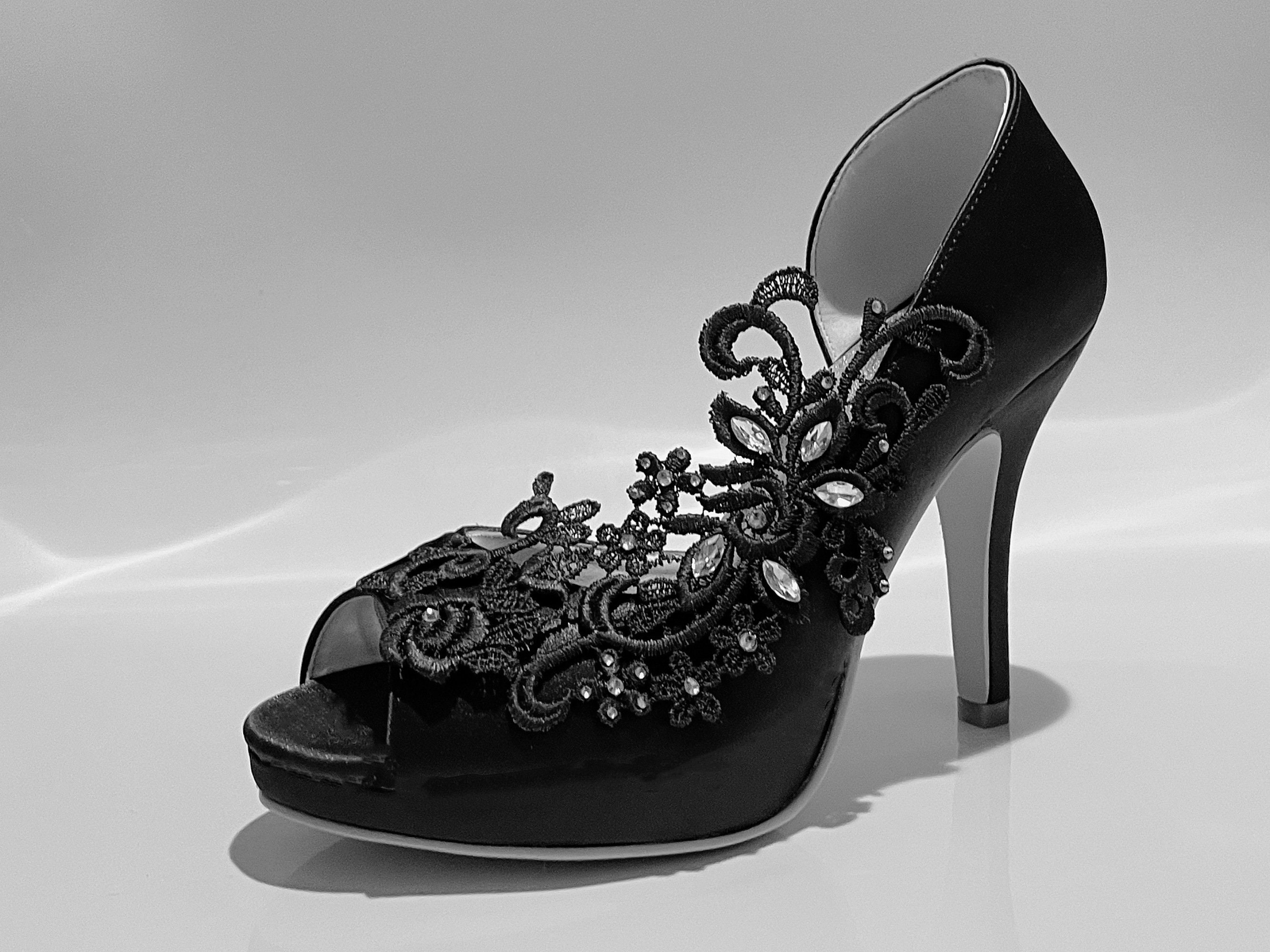Black Wedding Shoes for Bride, Bridal Heel, Asymmetric Black Satin Peep ...