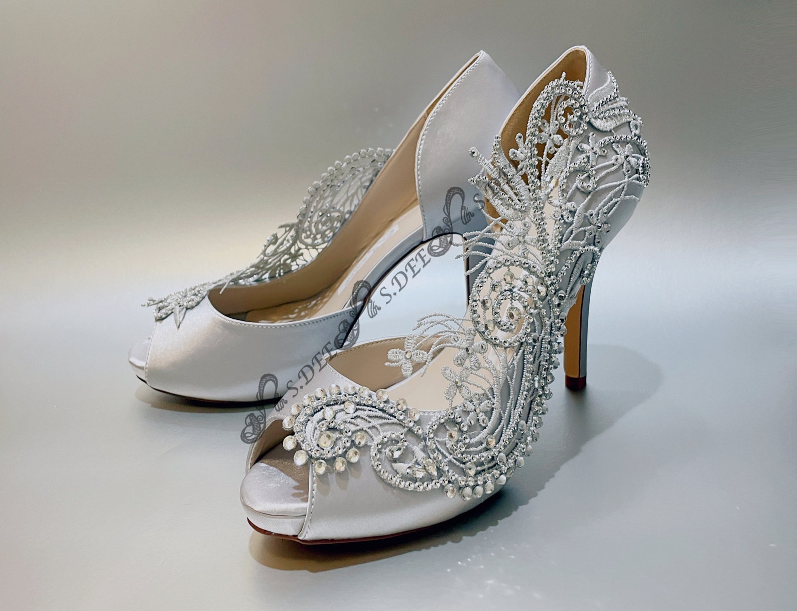 Silver Grey Satin Wedding Shoes for Bride, Bridal Heel Asymmetrical ...