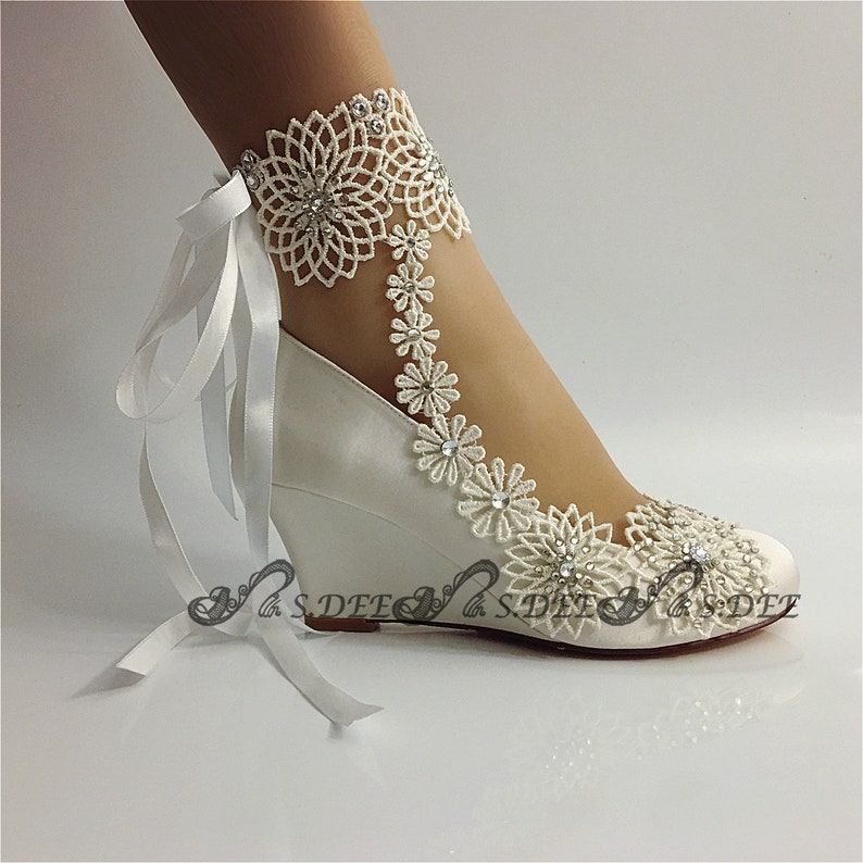 Wedding Shoes for Bride, Ivory Bridal Wedges, Decorated Flower Applique ...