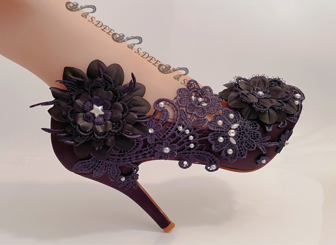 Black Gothic Wedding Shoe for Bride, Black Satin Floral Peep Toe Open ...