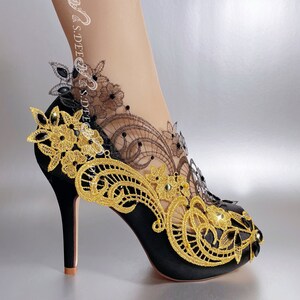 Black Gothic Wedding Shoes Heels Wedge Shadow Gold Embellished Lace ...