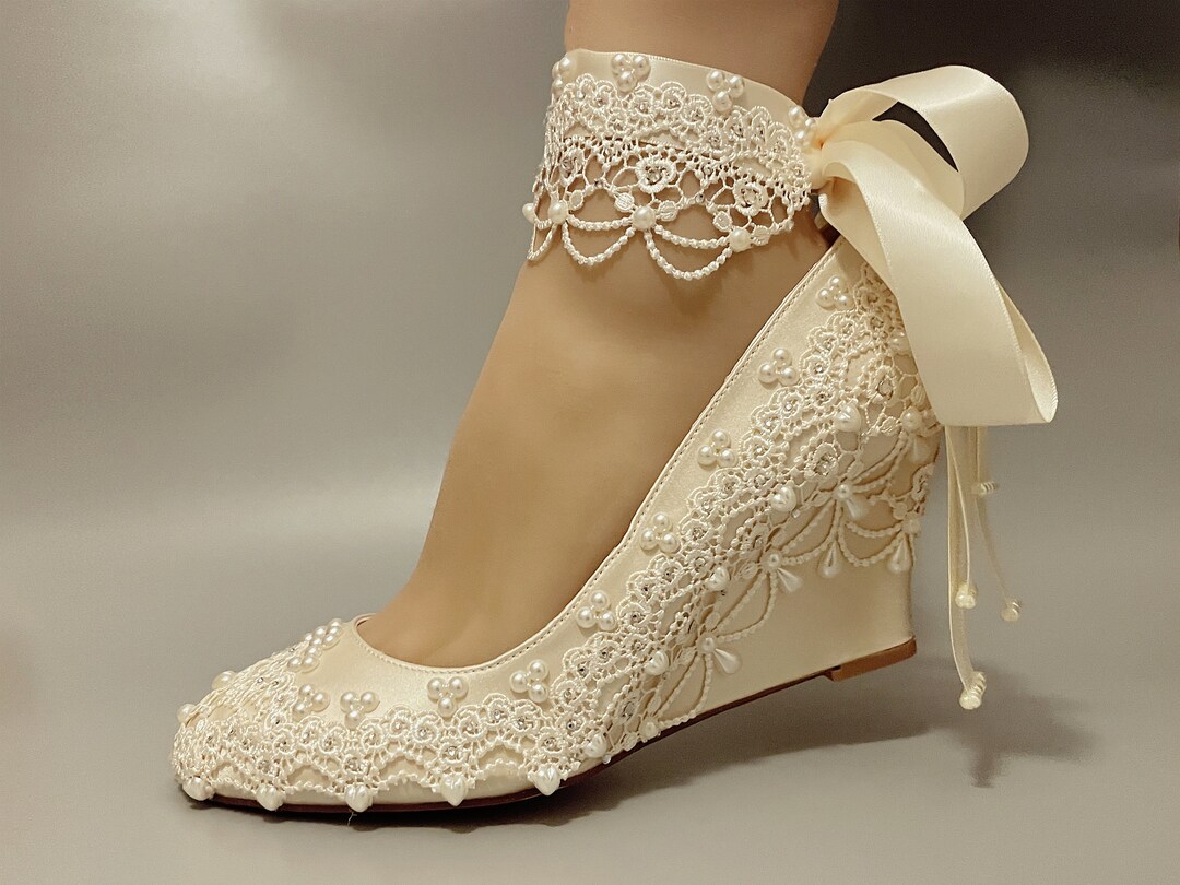 Champagne Wedding Shoes for Bride, Light Gold Bridal Wedge, Pearls ...
