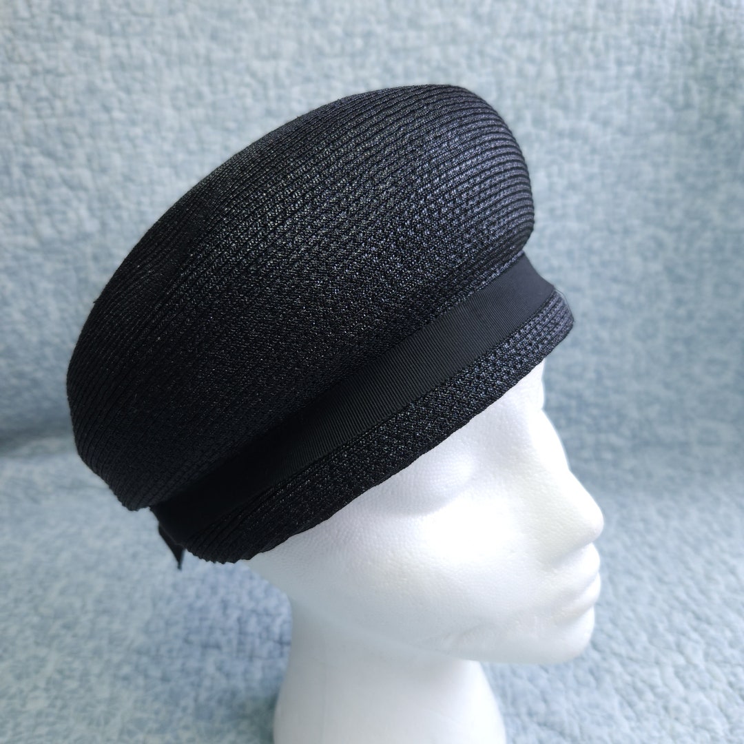 Vintage 1950's USA Union Made Black Woven Pillbox Hat With Band and Bow ...