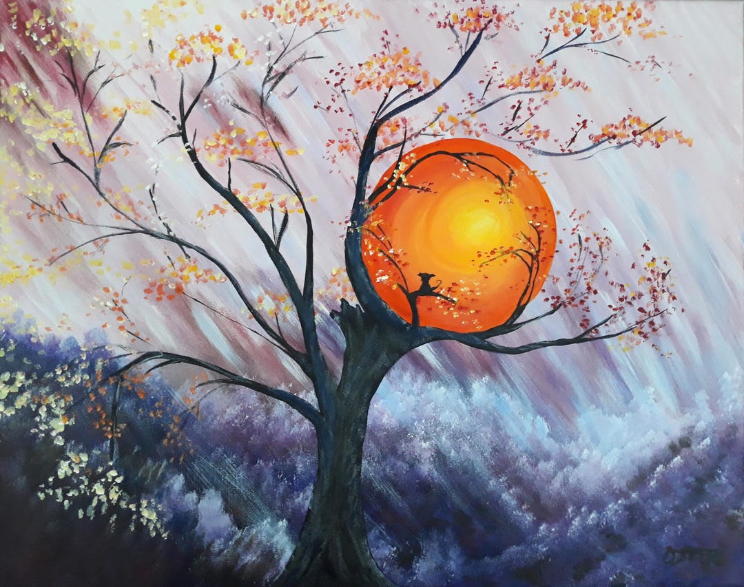 Harvest Moon Impressionist Painting, October Orange Moon, Fantasy Moon ...