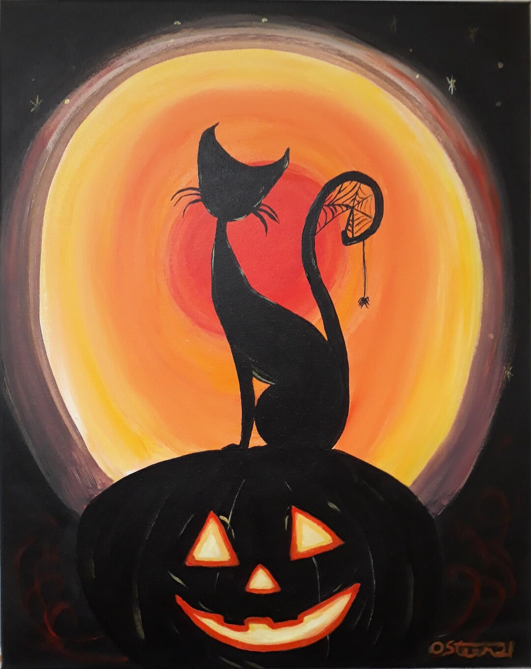 Black Cat Acrylic Painting, Halloween Black Cat, Black Cat Orange Moon ...
