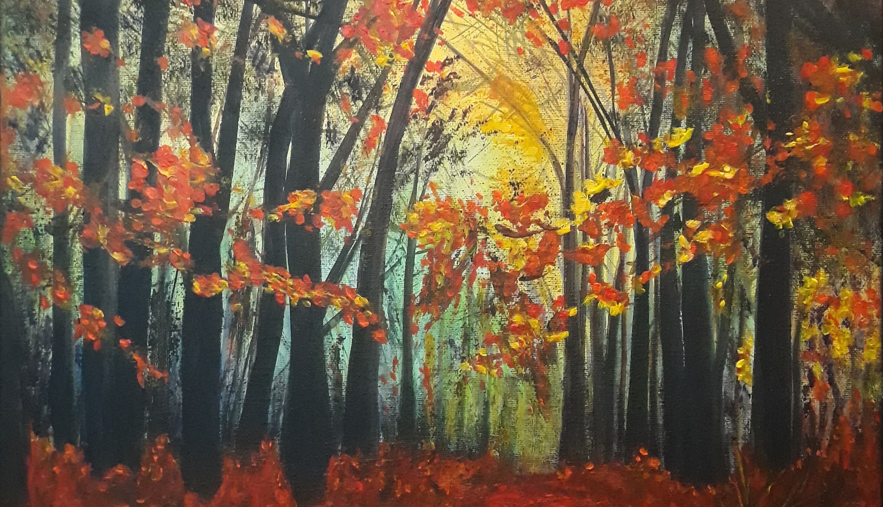 Shadowy Forest Path Original Acrylic Painting Autumn Forest Trees ...