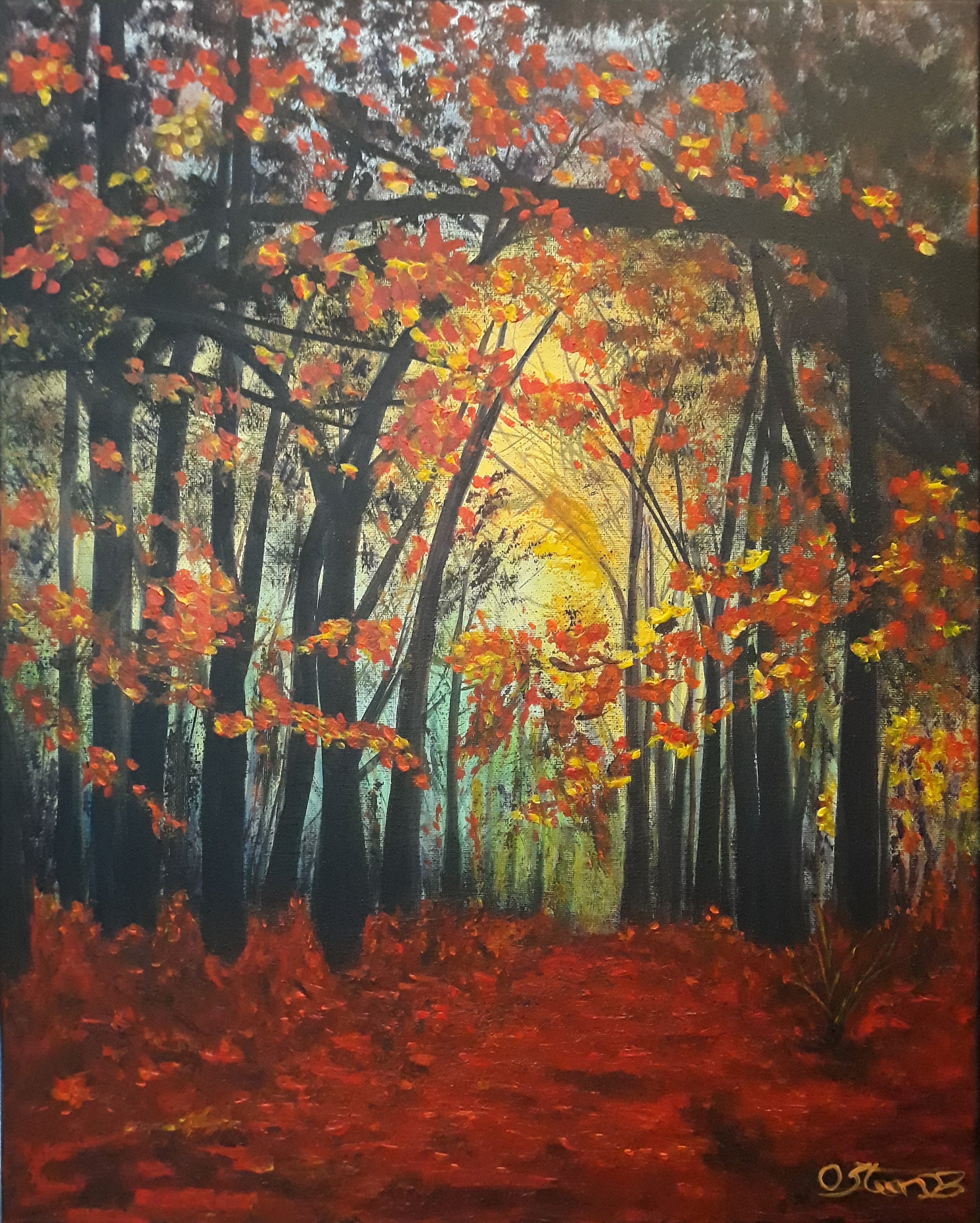 Shadowy Forest Path Original Acrylic Painting Autumn Forest Trees ...