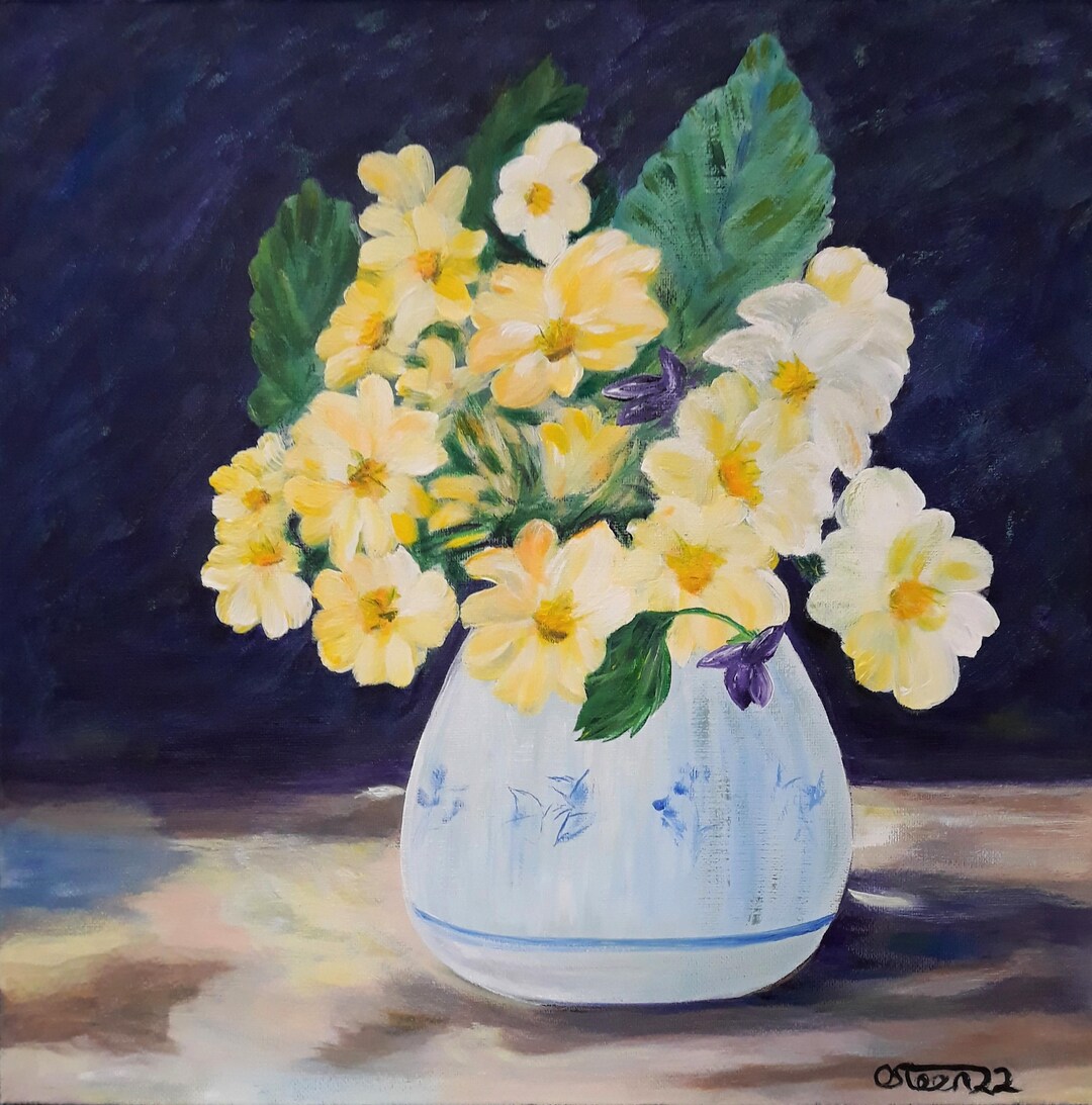 Yellow Posies in Ceramic Vase Painting, Yellow Flowers Acrylic Painting ...