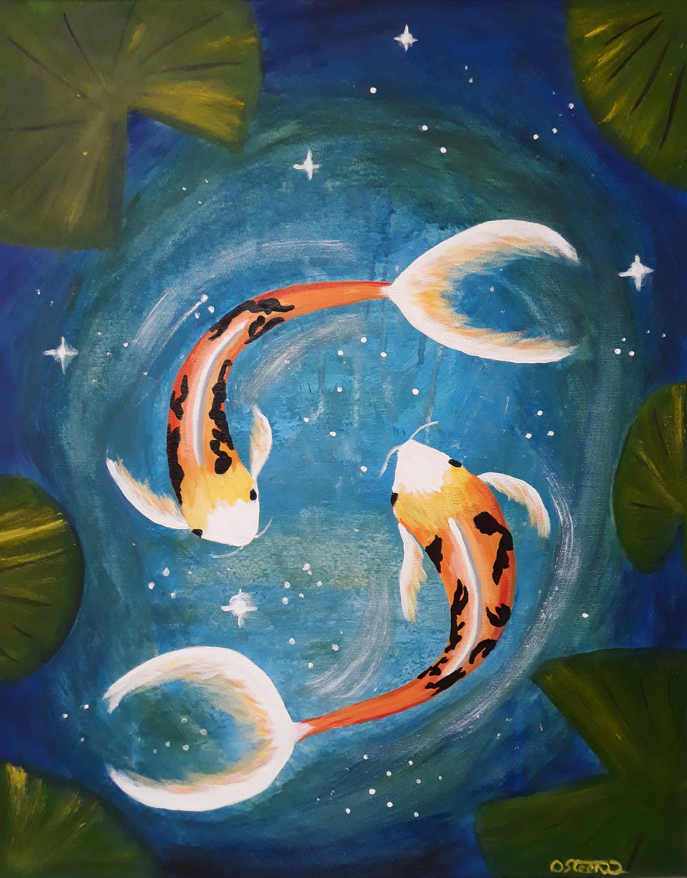 Two Koi Fish Painting, Koi Fish in Lily Pond, Large Koi Fish Painting ...