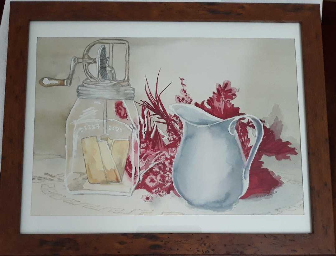 Farmhouse Still Life Watercolor Painting, Pitcher, Butter Churn ...
