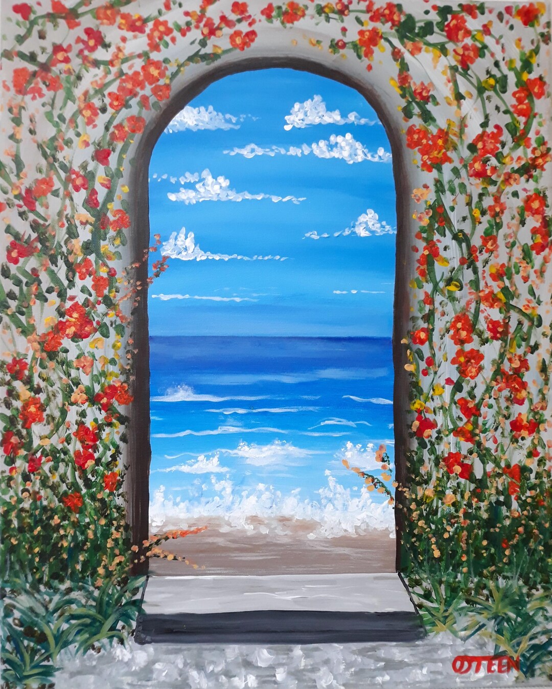 Flower Archway Impressionist Painting, Ocean View Archway, Flowers and ...