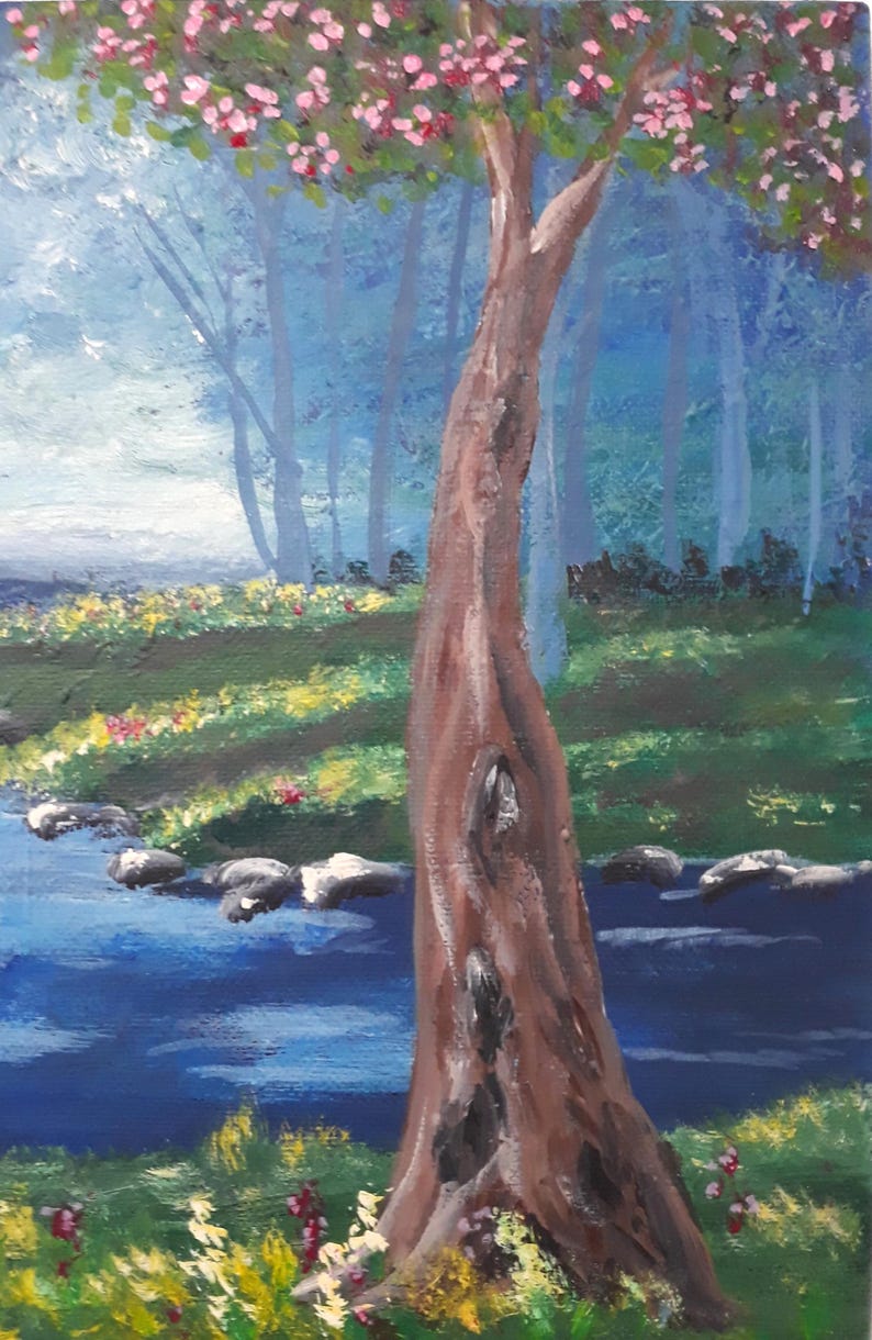 Spring Tree at Twilight Impressionist Painting, Soft Misty Background ...