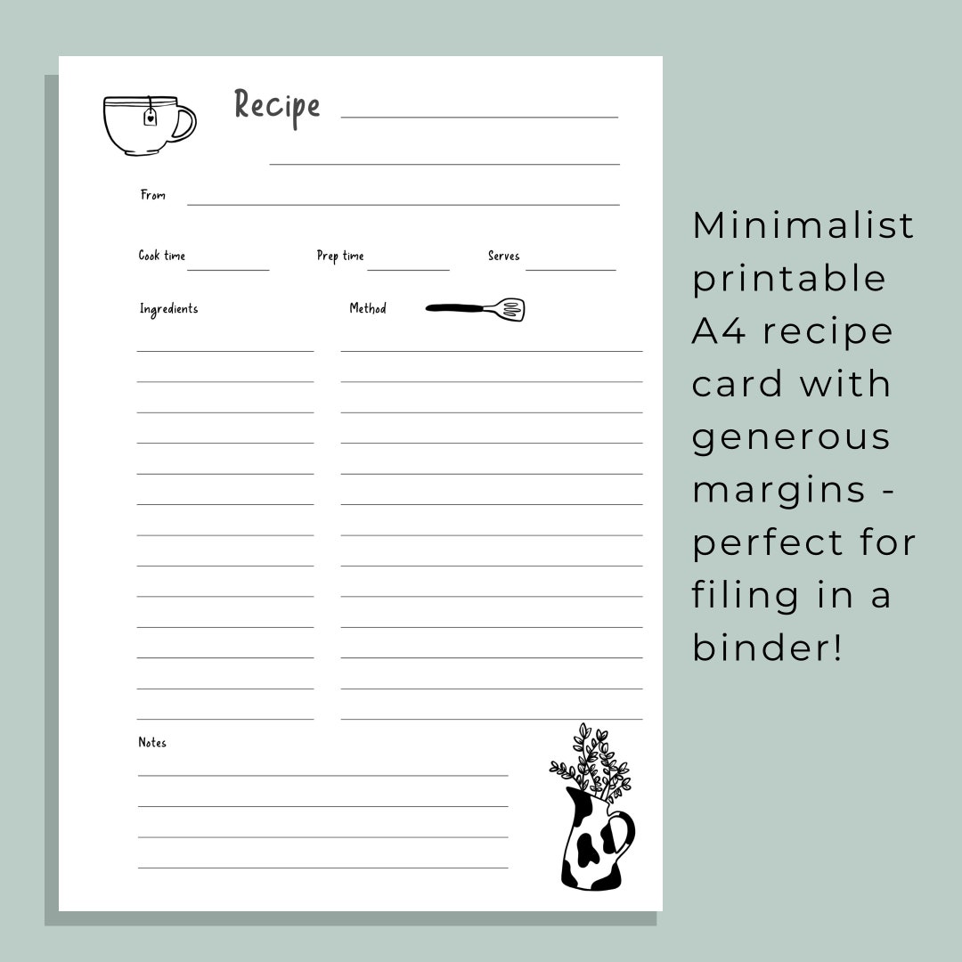 Printable A4 Recipe Template for Home Recipe Cookbook, Recipe Inserts ...