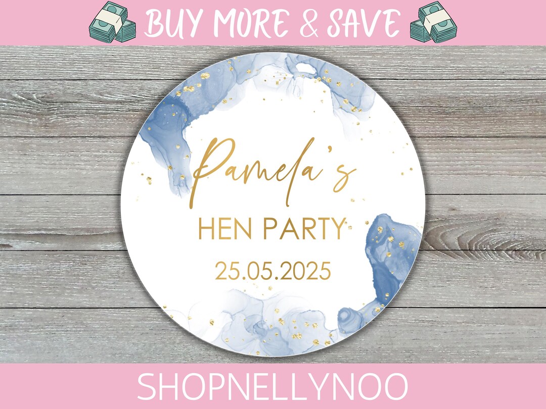 Personalised Hen Party Stickers, Blue & Gold Favor Stickers, Party ...