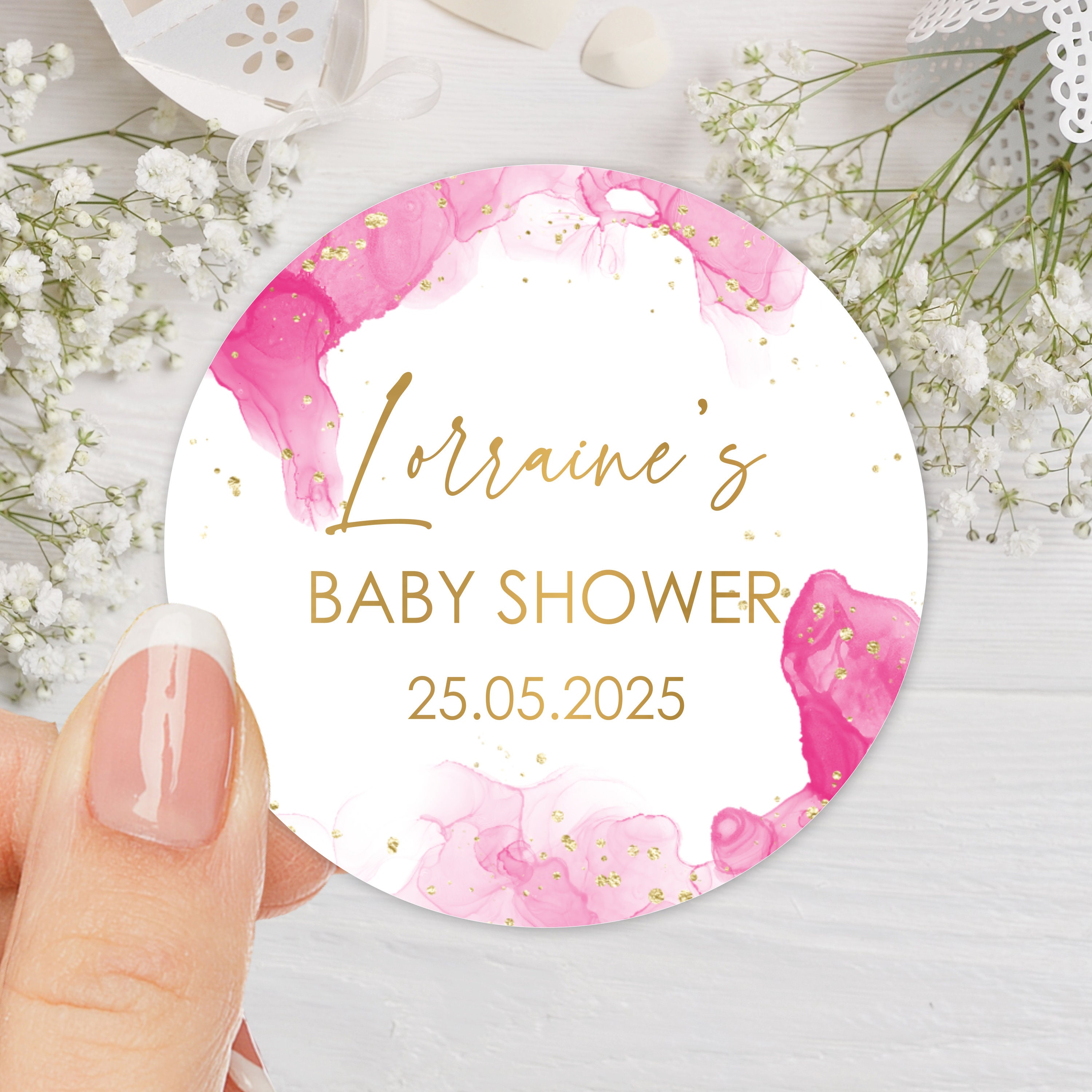 Personalised Baby Shower Favor Sticker, Pink & Gold Favor Sticker - Etsy