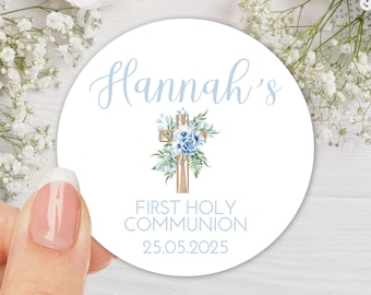Personalized First Holy Communion Stickers, Blue Floral Cross Communion ...