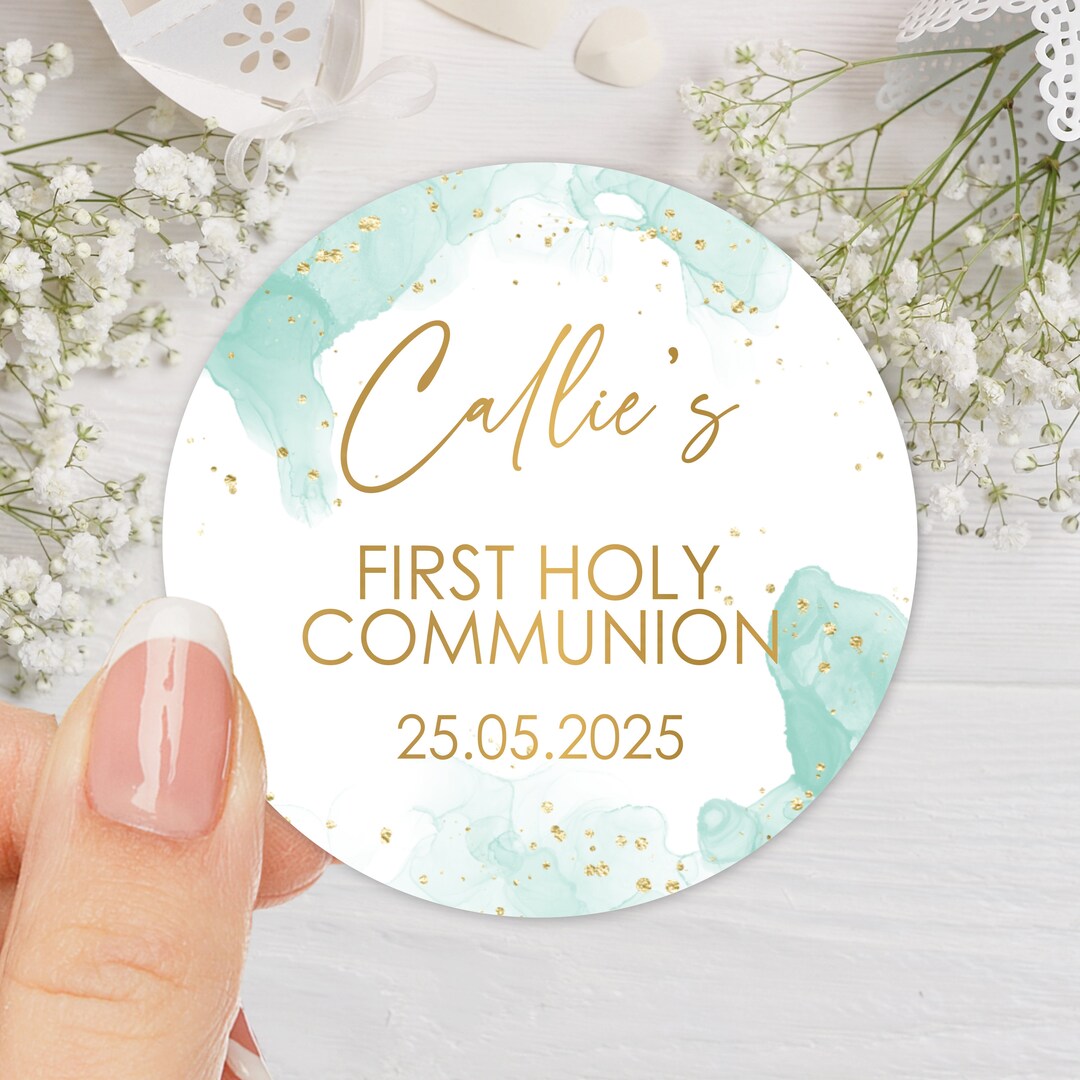 Personalised First Holy Communion Party Favor Stickers, Green & Gold ...