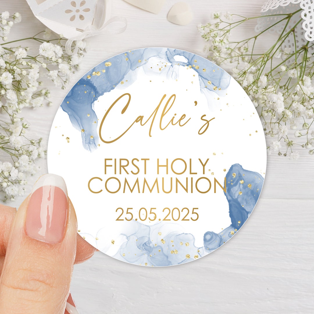 Personalised First Holy Communion Party Favor Stickers, Blue & Gold ...